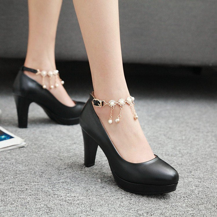 New Classy Platform High Heels Banquet String Bead Pumps Shoes