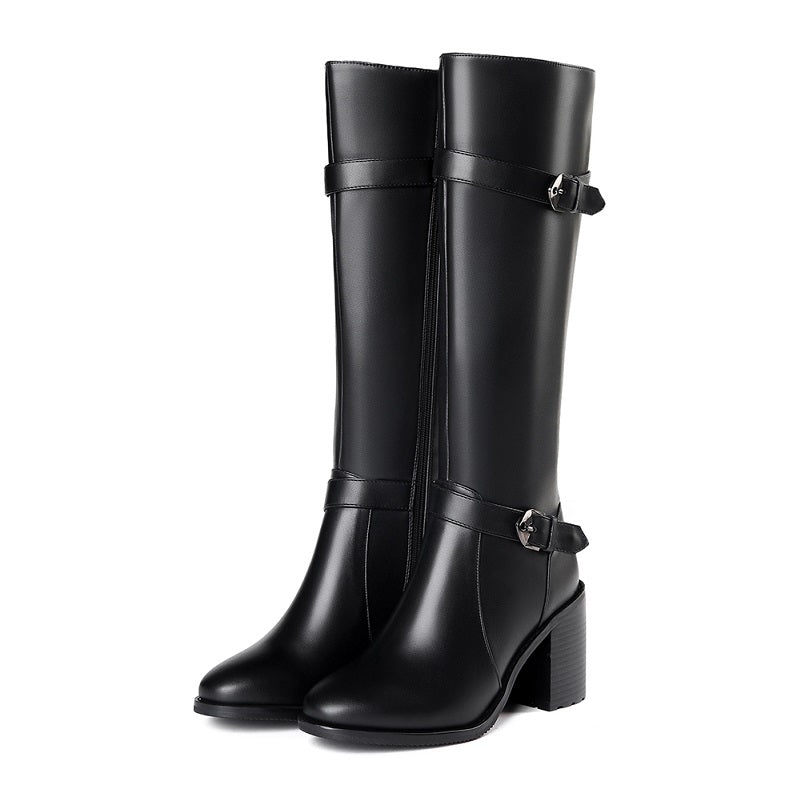 Chic Genuine Leather Square High Heels Zip Up Knee High Long Boots ...
