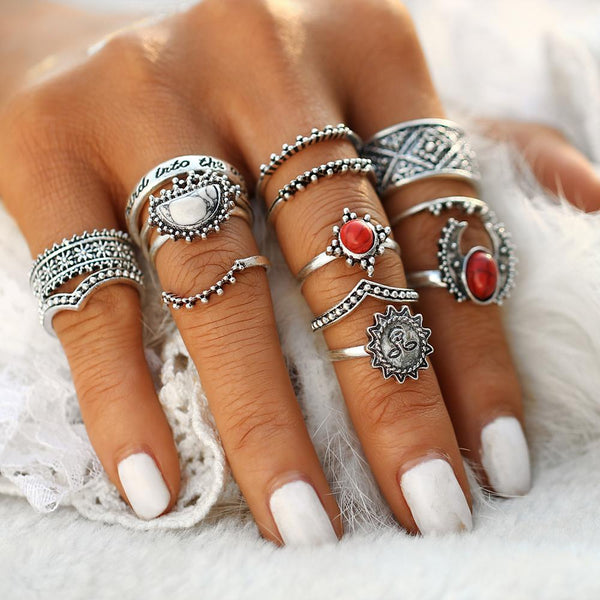 Ethnic Red Natural Stone Bohemian Midi Rings Set – Verkadi