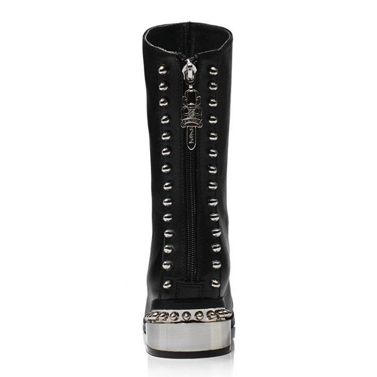 Thick Genuine Leather Rivets Round Toe Mid Calf Boot