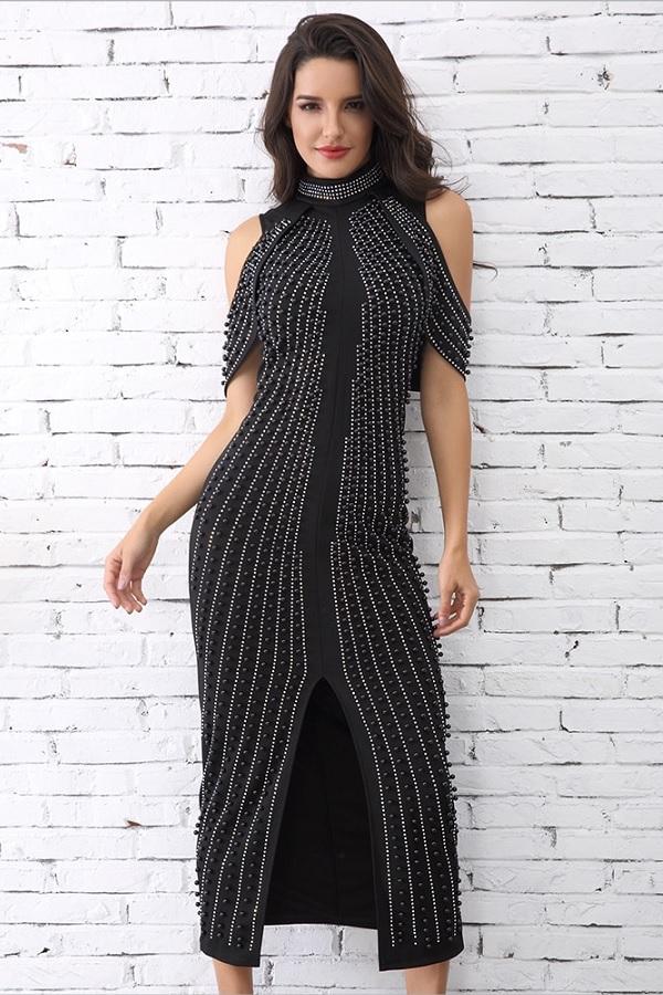Elegant Beading Turtleneck Back Split Midi Dresses
