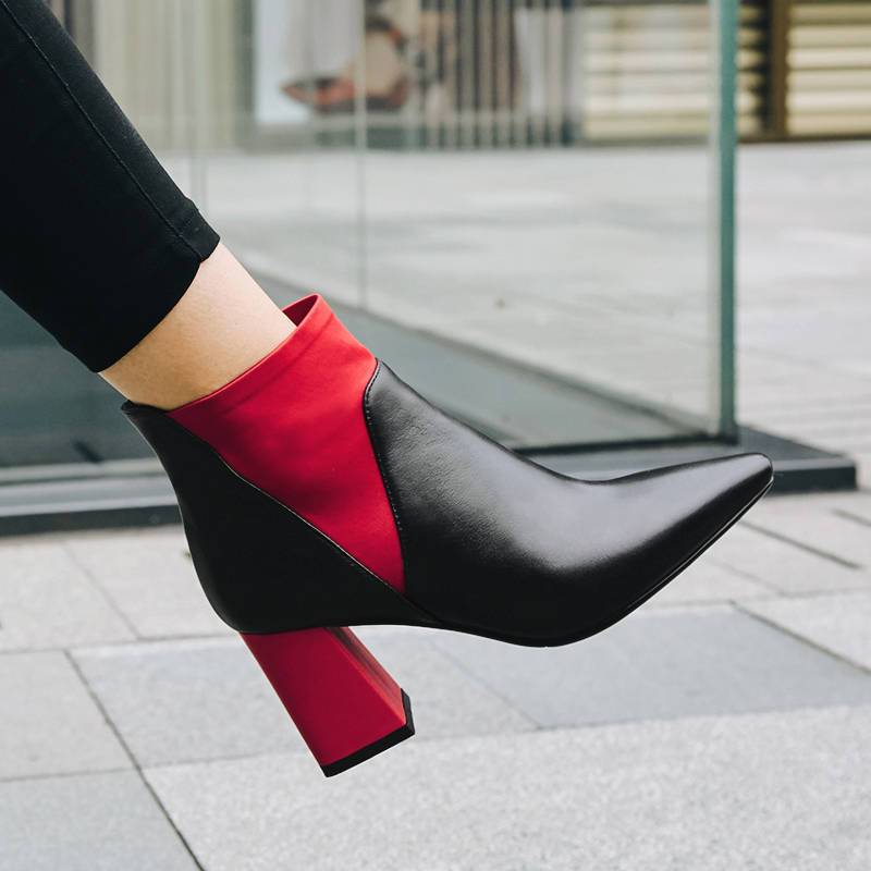 New Twin Color Pointed Toe Slip On High Heel Ankle Boots