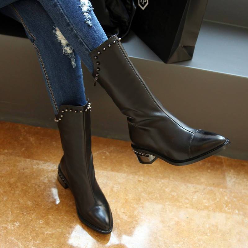 New Genuine Leather Pointed Toe Riveted Long Ankle Boots