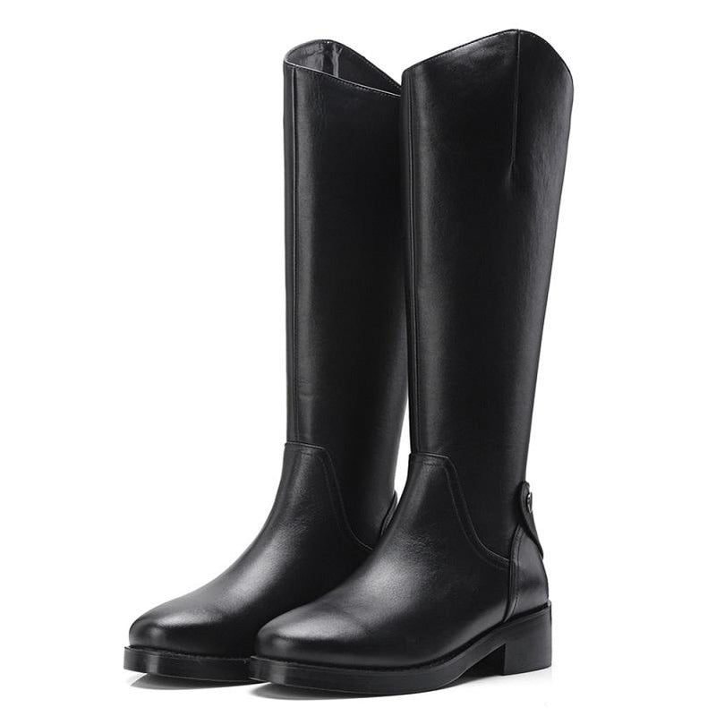 Genuine Leather Platform Chunky Heels Knee High Long Boots