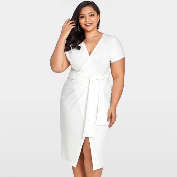 Sexy Cross Over Tie Waist Short Sleeve Midi Plus Size Dress – Verkadi