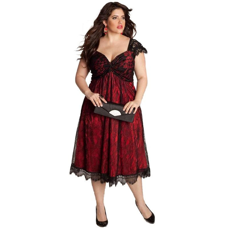 Sexy V Neck Cap Sleeve Floral Lace Midi Plus Size Dress