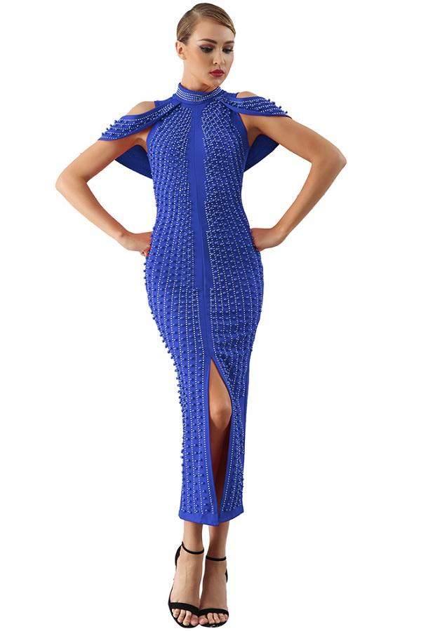 Elegant Beading Turtleneck Back Split Midi Dresses