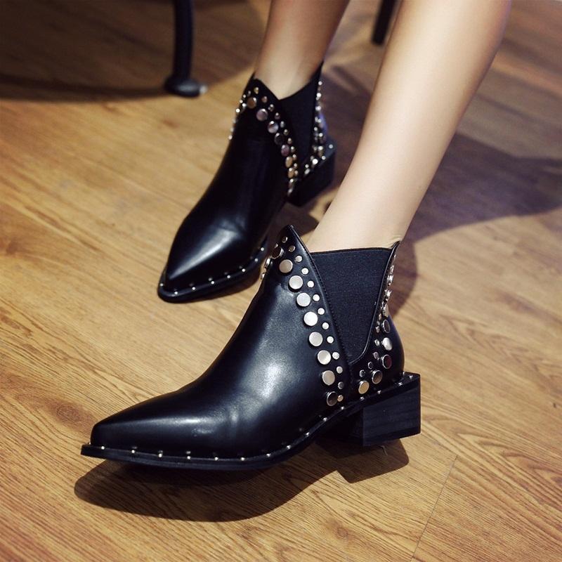 Pointed Toe Black Ankle Riveted High Street Style Boots