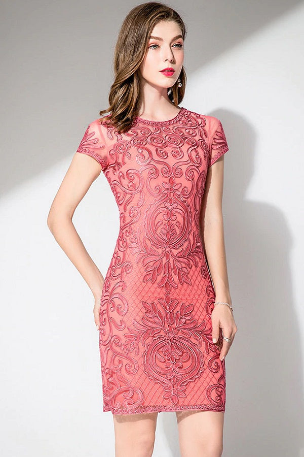 Elegant Pencil Short Sleeve Embroidered Formal Mini Dress