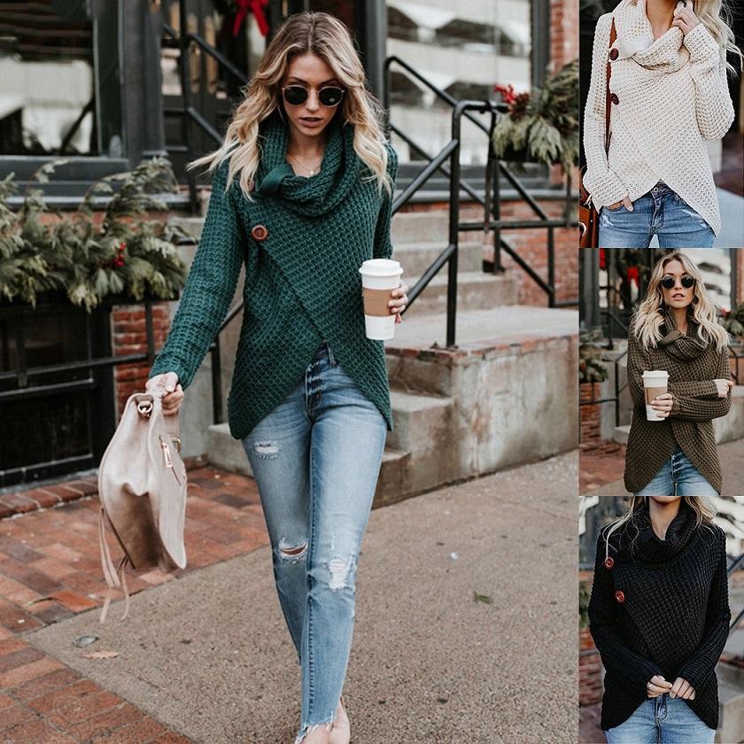 Hot Knitted Long Sleeve Scarf Neck Sweater Cardigan