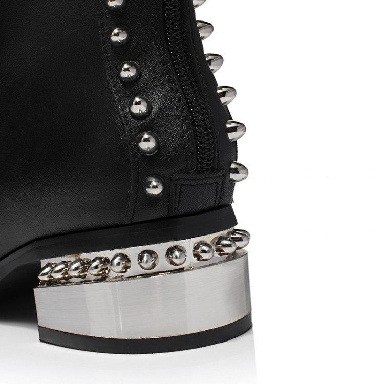 Thick Genuine Leather Rivets Round Toe Mid Calf Boot