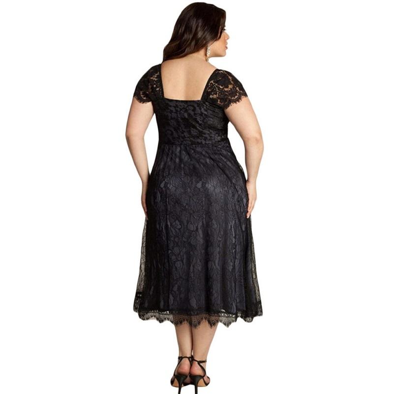 Sexy V Neck Cap Sleeve Floral Lace Midi Plus Size Dress