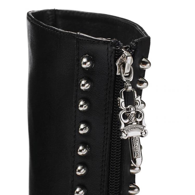Thick Genuine Leather Rivets Round Toe Mid Calf Boot