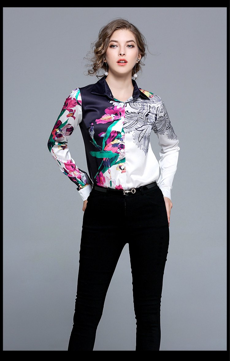 Elegant Floral Print Silk Patchwork Top Shirt Blouse – Verkadi