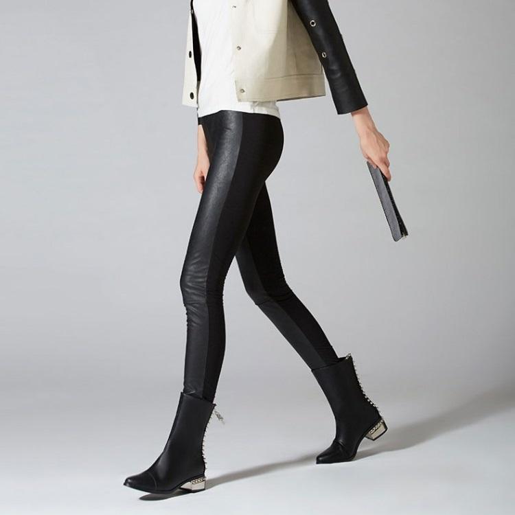 Thick Genuine Leather Rivets Round Toe Mid Calf Boot