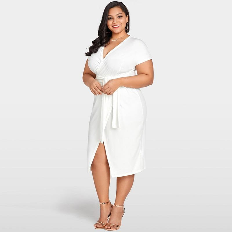 Sexy Cross Over Tie Waist Short Sleeve Midi Plus Size Dress – Verkadi