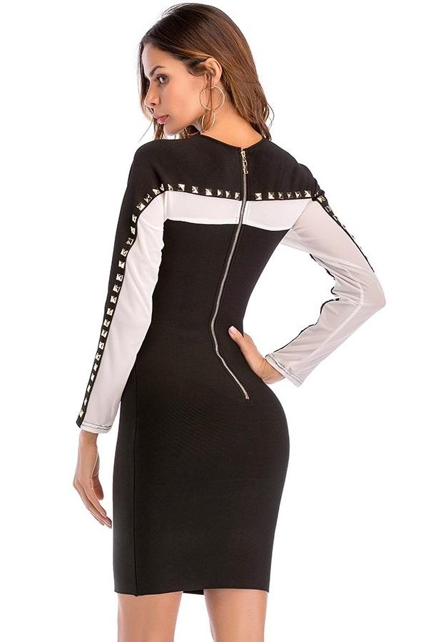 Sharp Bodycon Rivets Patchwork Mesh Mini Dresses