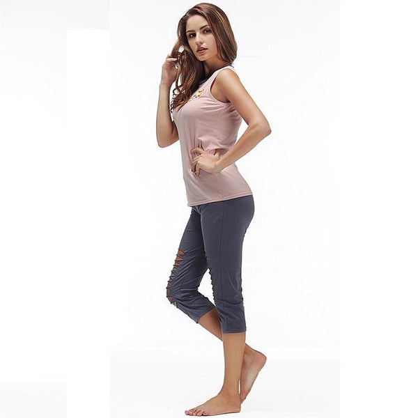 Sleeveless Cotton Hollow Out Sleepwear Pajamas Set