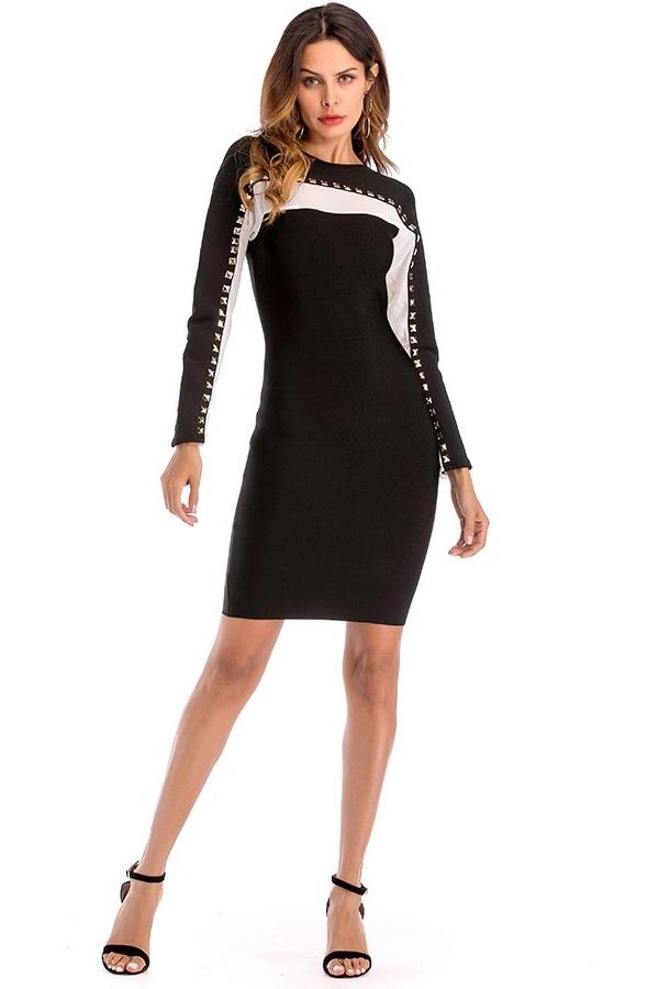 Sharp Bodycon Rivets Patchwork Mesh Mini Dresses
