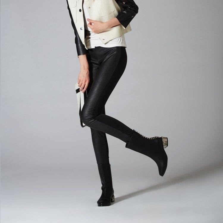 Thick Genuine Leather Rivets Round Toe Mid Calf Boot