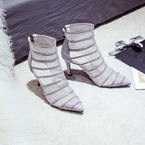 Net Pointed Toe High Heels Rhinestone Pump Shoes