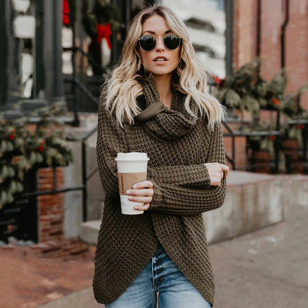 Hot Knitted Long Sleeve Scarf Neck Sweater Cardigan